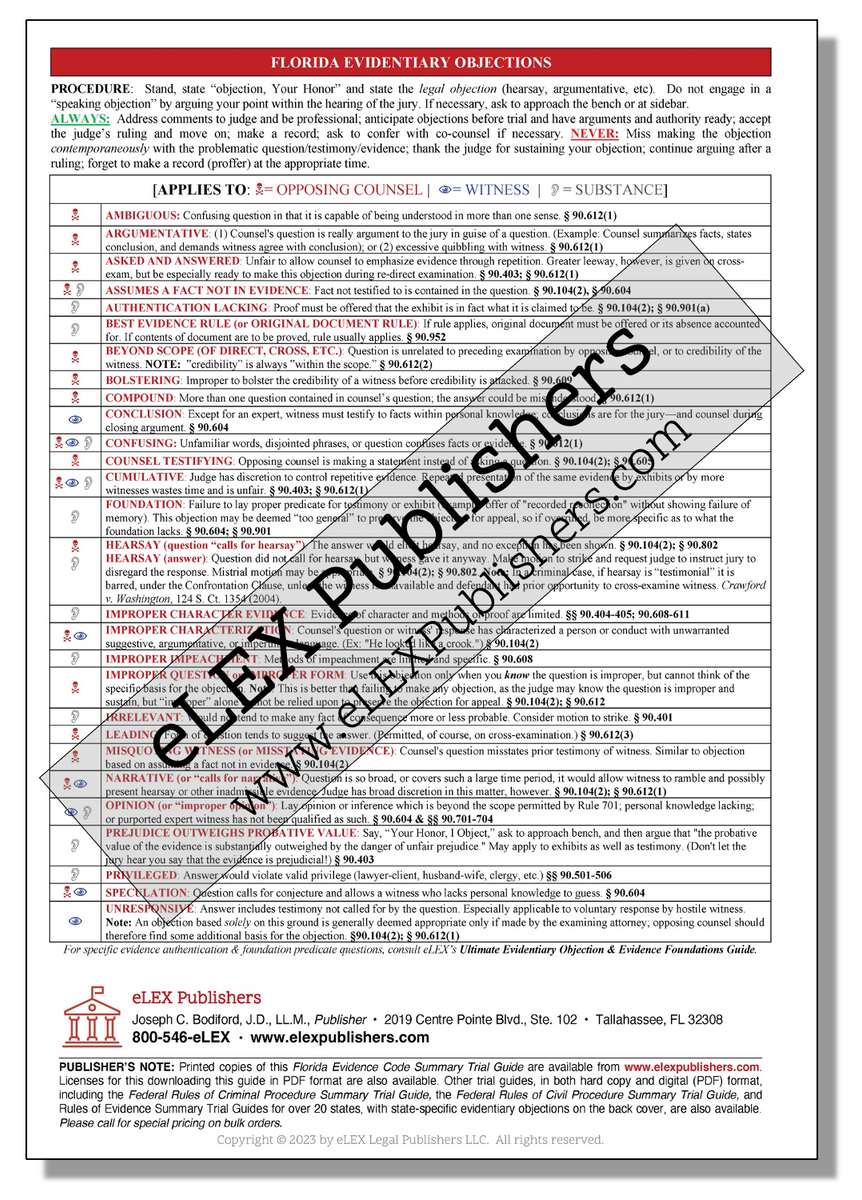 Florida Evidence Code Summary Trial Guide