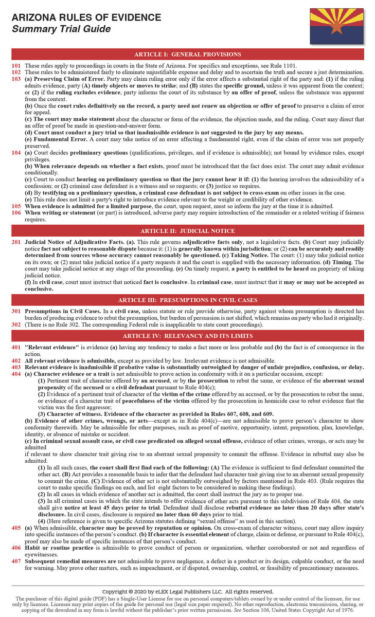 Arizona Rules of Evidence Summary Trial Guide (PDF Download)