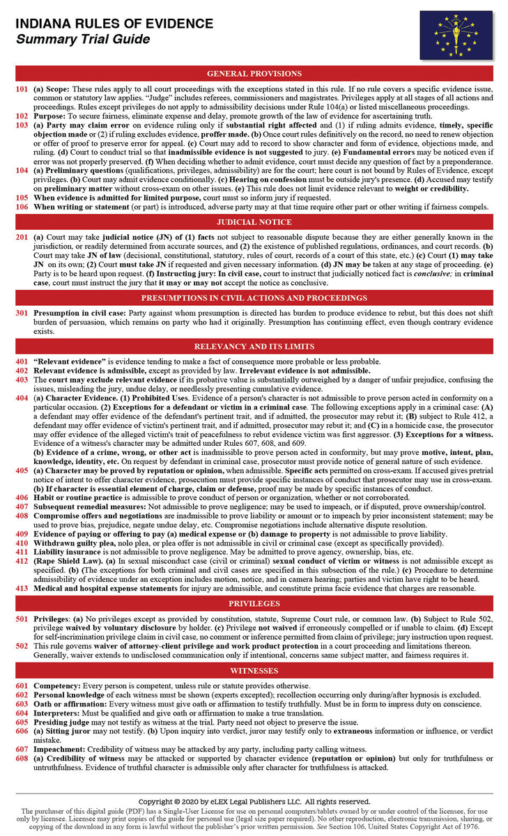 Indiana Rules of Evidence Summary Trial Guide (PDF download)