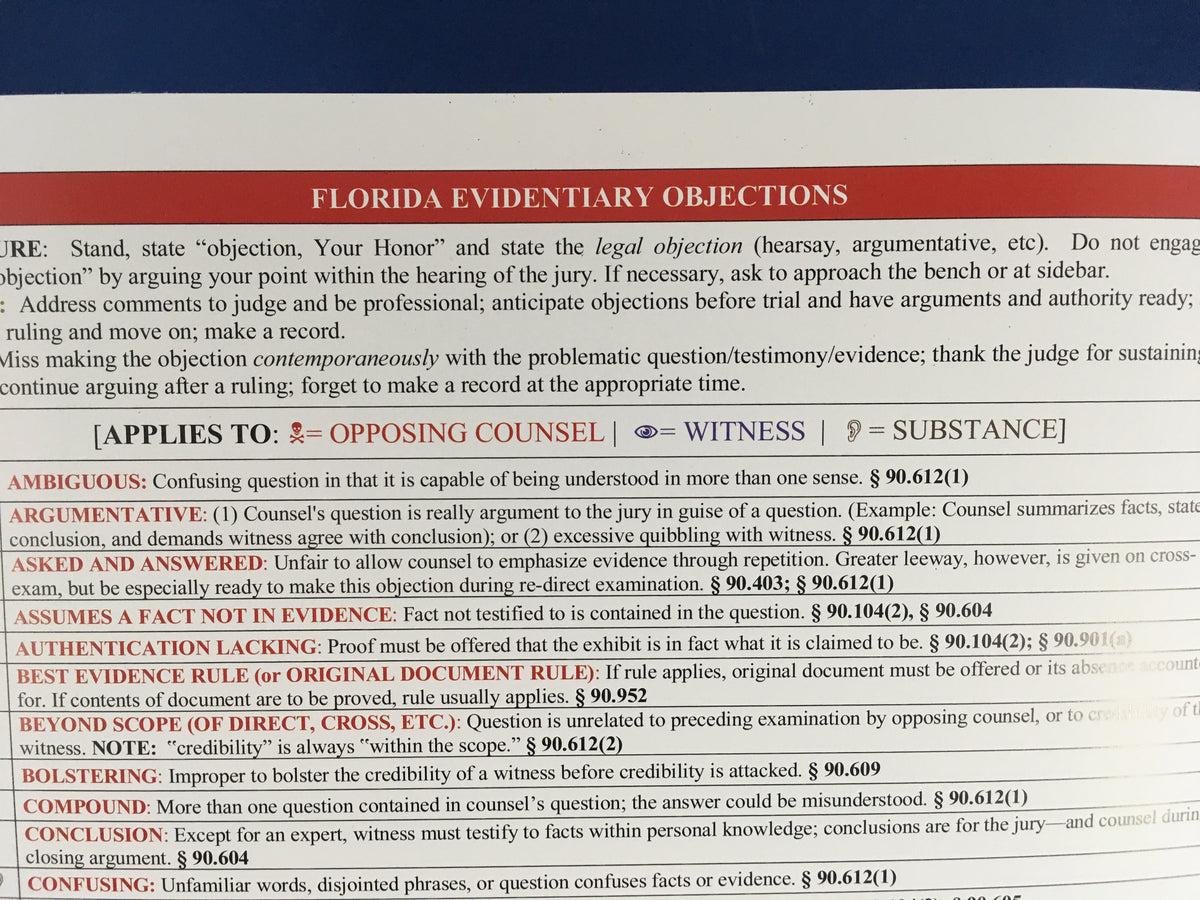 Florida Evidence Code Summary Trial Guide